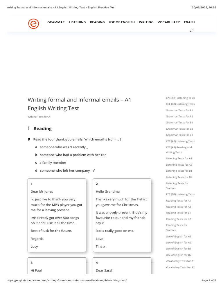 Writing Formal and Informal Emails - A1 English Writing Test - English ...