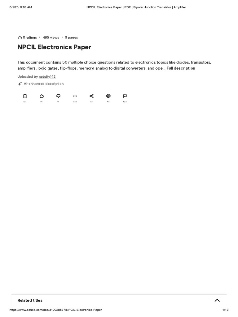 NPCIL Electronics Paper - PDF - Bipolar Junction Transistor - Amplifier | PDF | Electronics ...