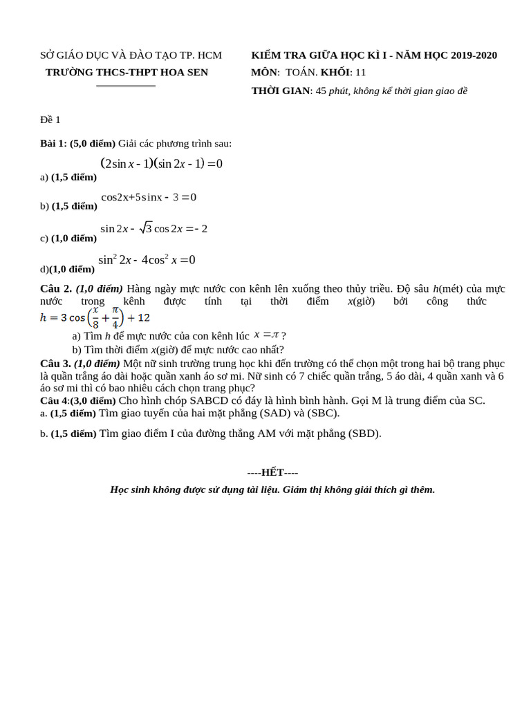 De Ktra Giua Ki 1 Lop 11 2019 K | PDF