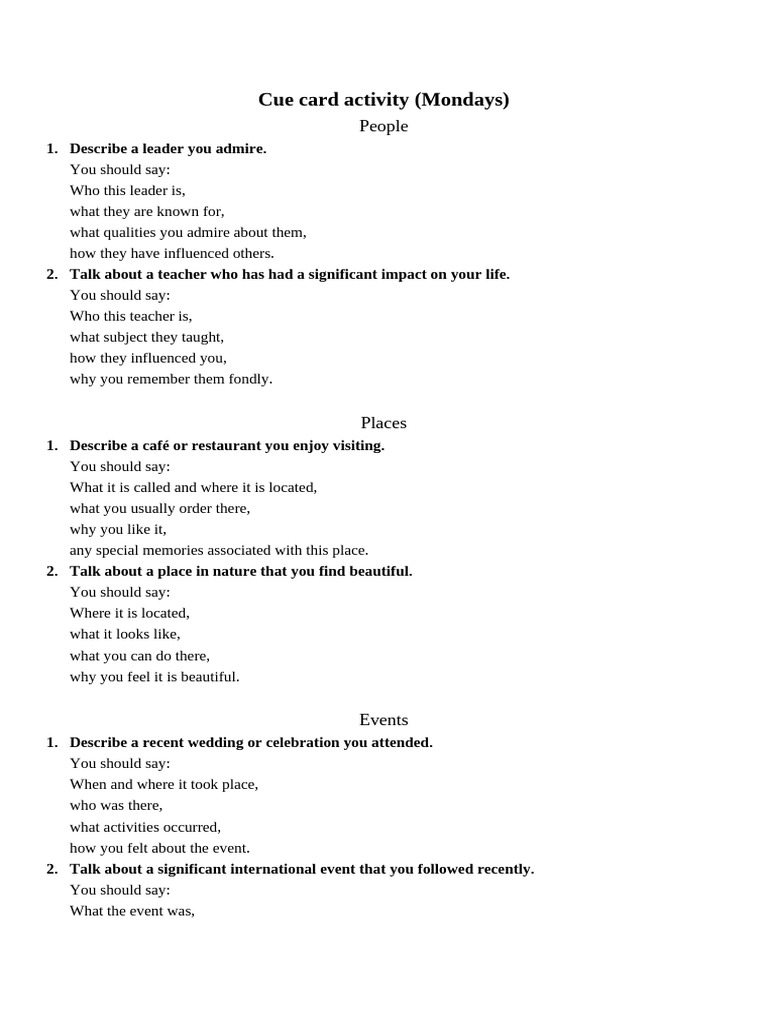Activity Cue Cards 14oct | PDF | Cognition | Mental Processes