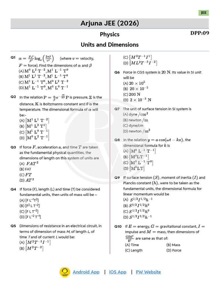 Units and Dimension DPP 09 Extra DPP 681a0a2fae975aad814bb7d1 | PDF | Force | Mechanics