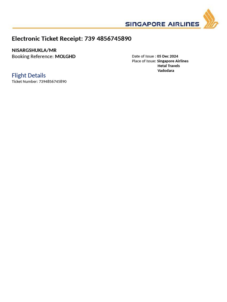 Electronic Ticket Receipt: 739 4856745890: Flight Details | PDF