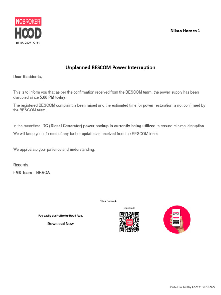 Notice - Unplanned BESCOM Power Interruption | PDF