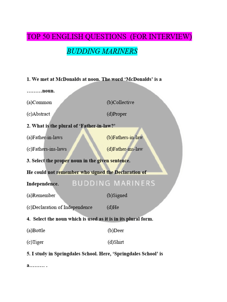 English (50) Important Questions | PDF | Pronoun | Plural