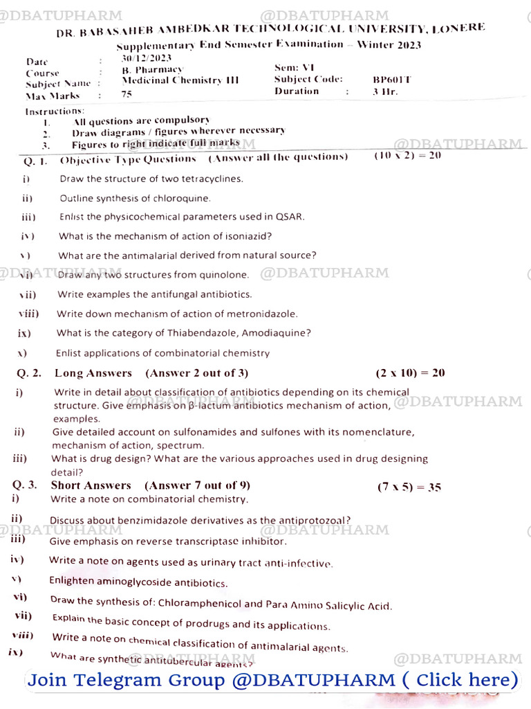 Dbatu 6 TH Sem B Pharmacy Winter 2023 Jan 2024 Exam Question Papers ...