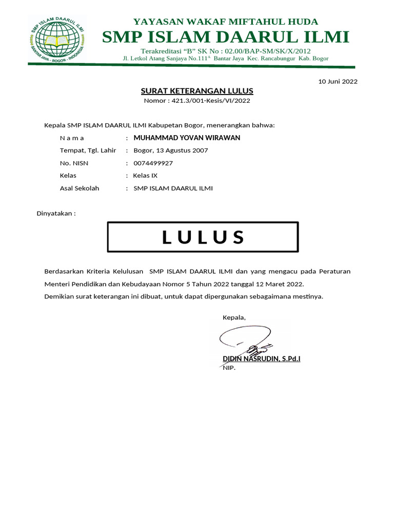 Surat Keterangan Lulus SMP Islam 2022 | PDF