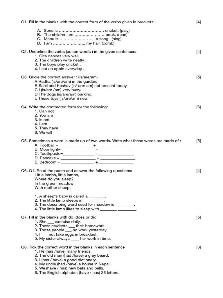 Class 2 English Grammar Test | PDF
