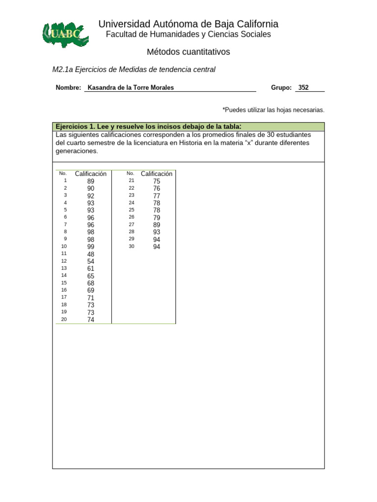 M2.1a Ejercicios de Medidas de Tendencia Central y Tabla de Distribución de Frecuencias | PDF