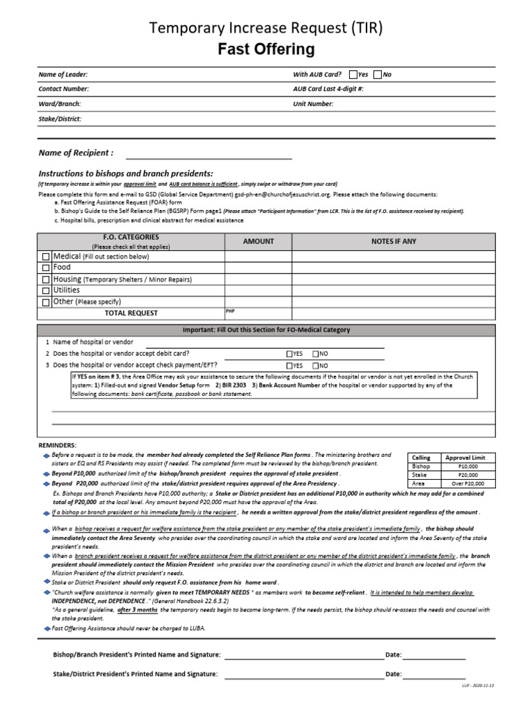 Fast Offering Assistance Request Form | PDF