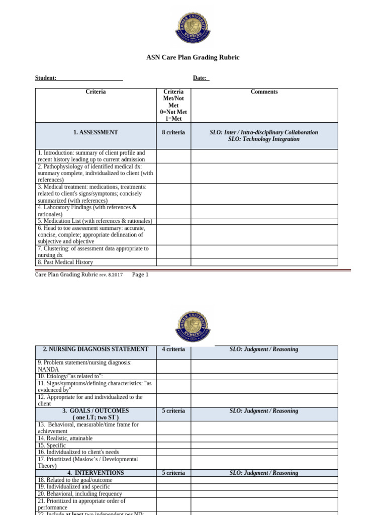 Care Plan Grading Rubric | PDF | Behavioural Sciences | Psychology