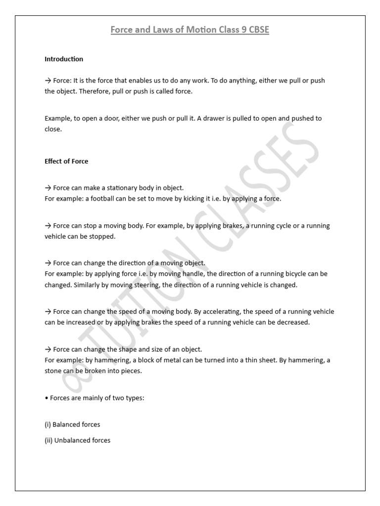 Class 9 Force and Laws of Motion Notes | PDF | Force | Momentum
