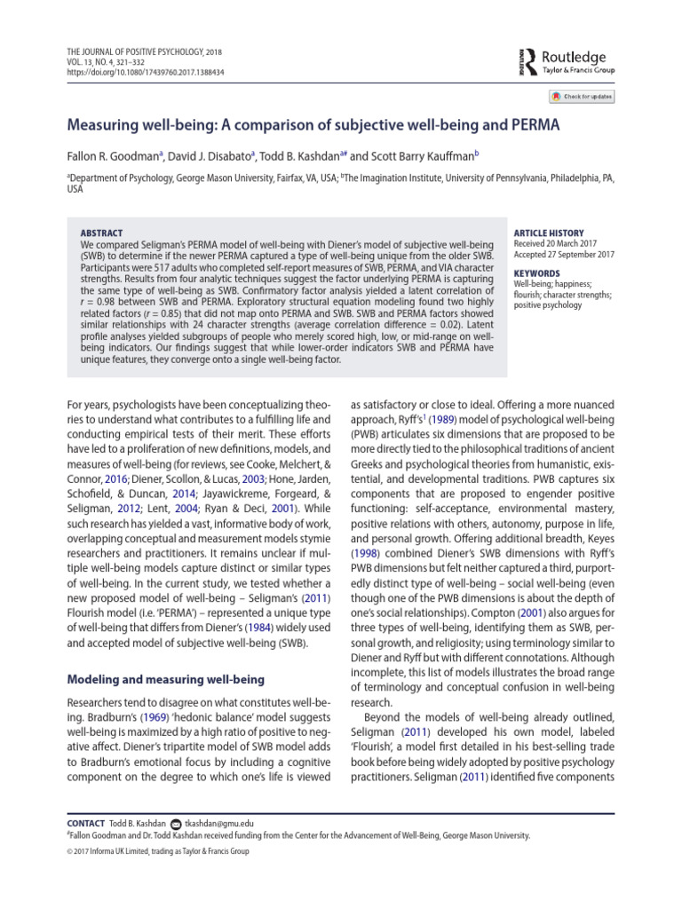 Measuring Well-being-A Comparison of Subjective Well-Being and PERMA ...