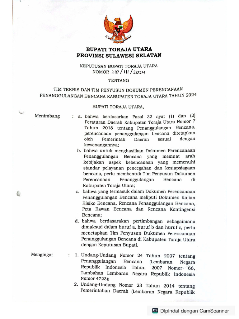 SK Bupati Toraja Utara Nomor 210 Tahun 2024 Tentang Tim Teknis Dan Tim Penyusun Dokumen ...