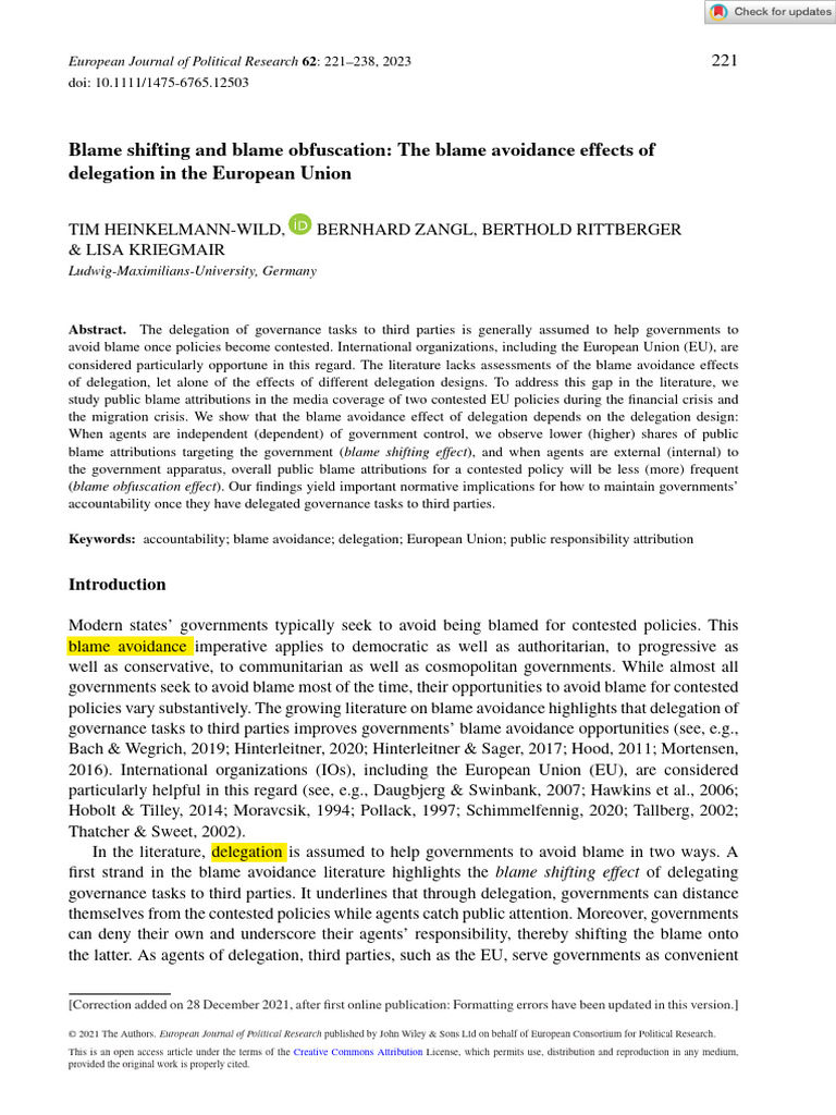 12 Blame Shifting and Blame Obfuscation The Blame Avoidance Effects of Delegation in The ...