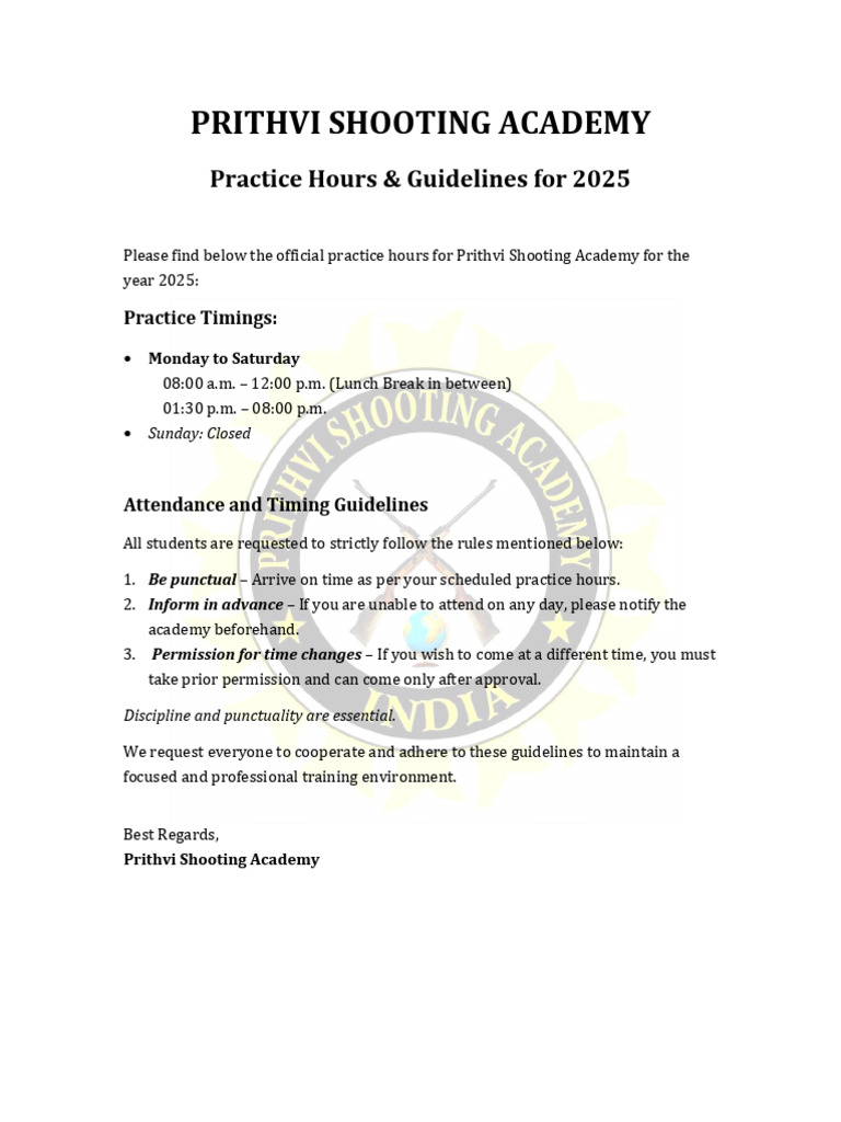 Prithvi Shooting Academy Practice Hours Guidelines 2025 | PDF