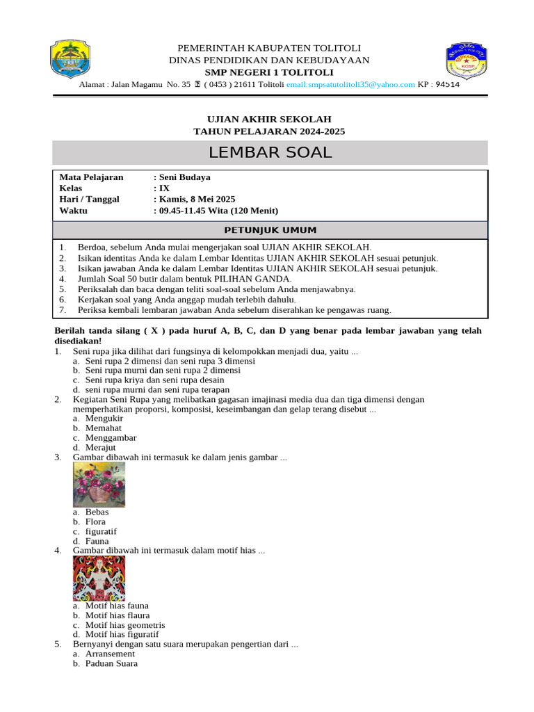 Soal Uas Seni Budaya 2024-2025 | PDF