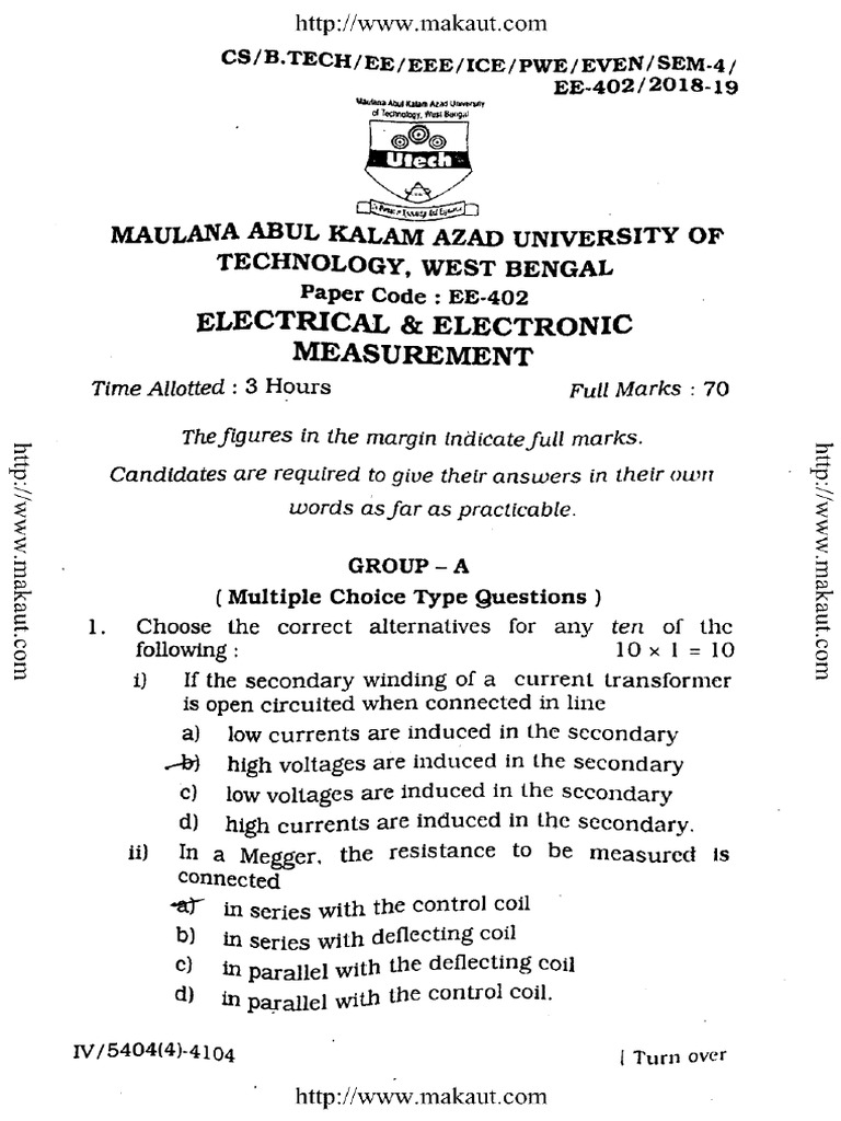 Btech Ee 402 Electrical and Electronic Measurement 2019 | PDF