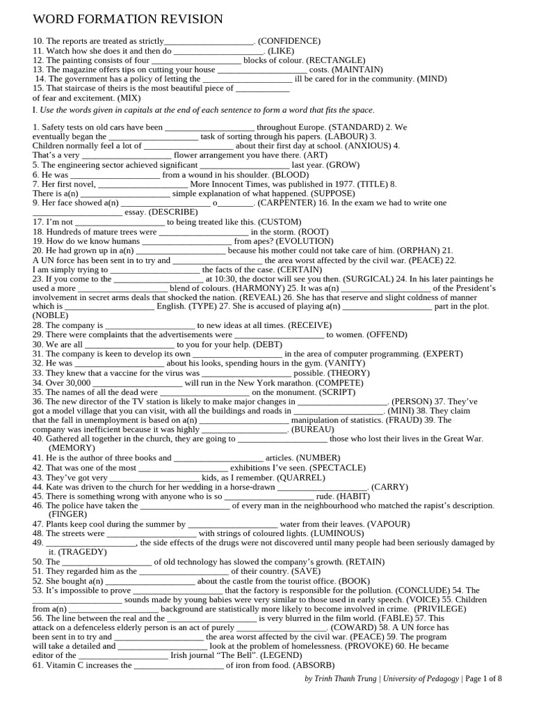Revision (Word Formation) - Past Papers | PDF | Verb | Adjective