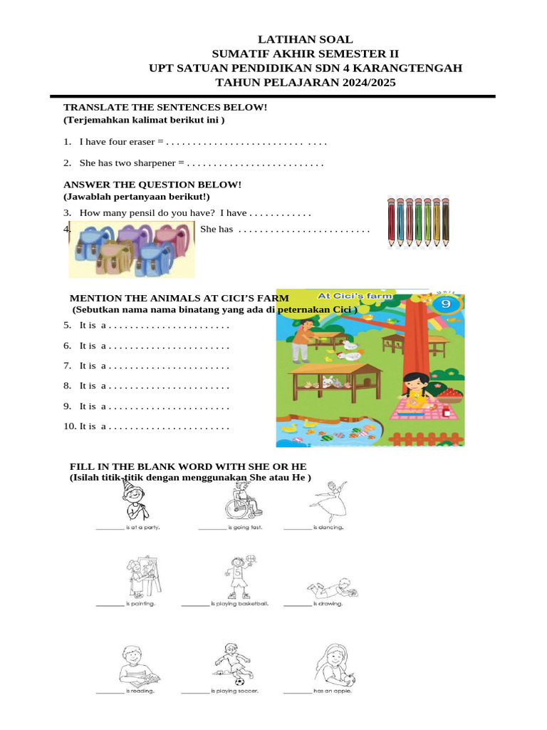 Latihan Soal SAS II English Grade 1 | PDF