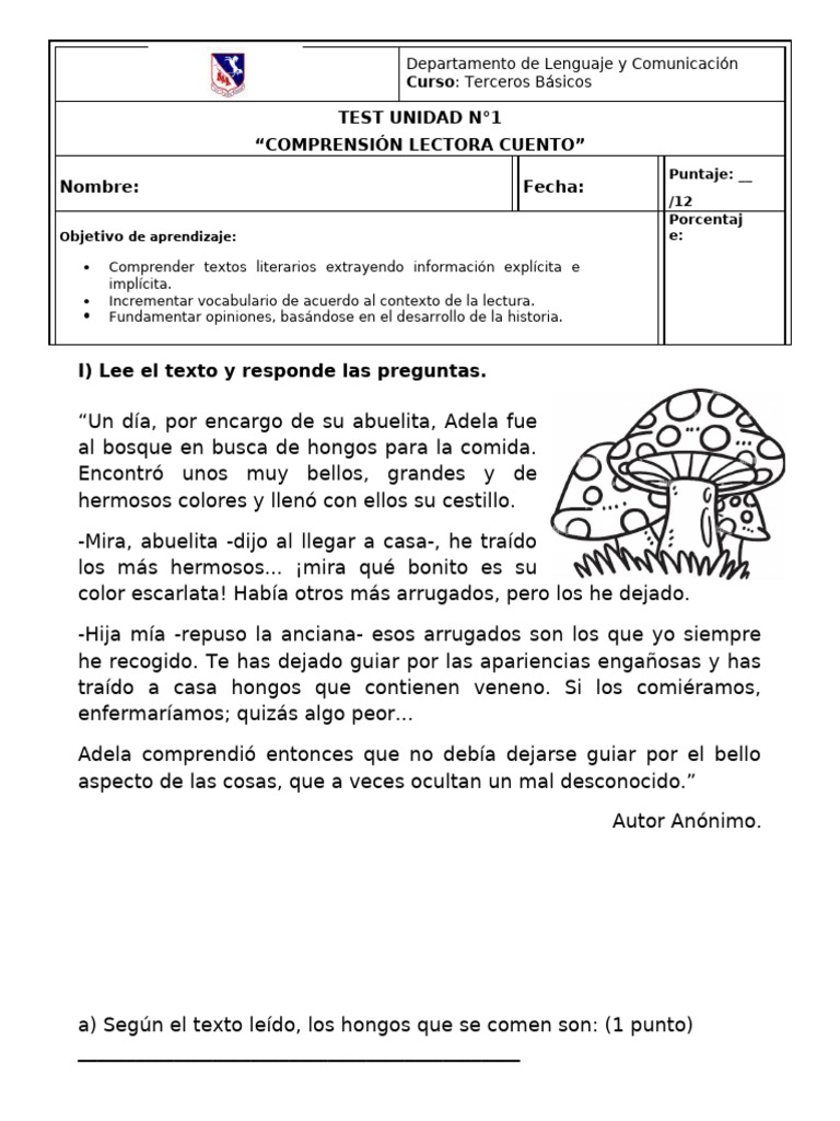Unidad 1 Test 3° Básico Cuento. | PDF | Cognición | Aprendizaje