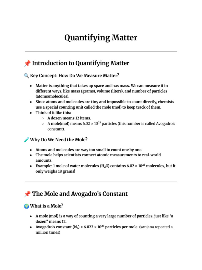 Quanitifying Matter - MYP 4 | PDF | Mole (Unit) | Chemical Reactions