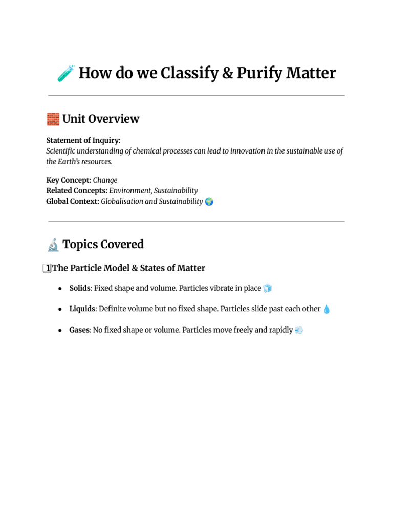 How Do We Classify and Purify Matter - MYP 4 | PDF | Chemistry | Acid
