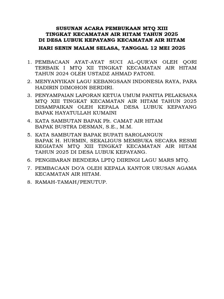 Susunan Acara Pembukaan MTQ Xiii Tahun 2025 | PDF