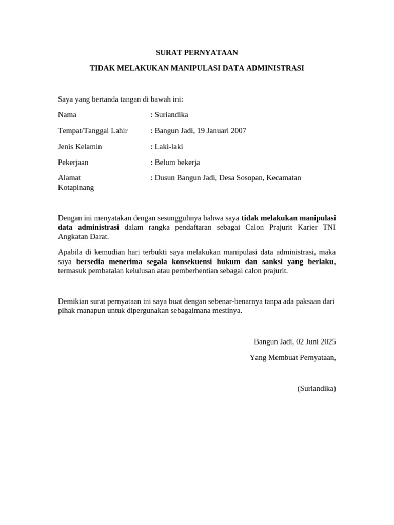 Surat Pernyataan Tidak Manipulasi Data Suriandika | PDF