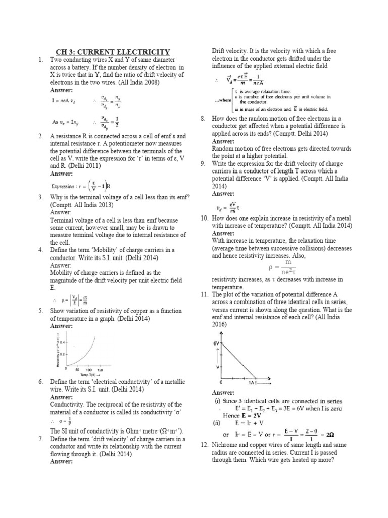 CH 3 Current Electricity PYQ QUESTIONS CLASS 12 | PDF | Electrical Resistivity And Conductivity ...