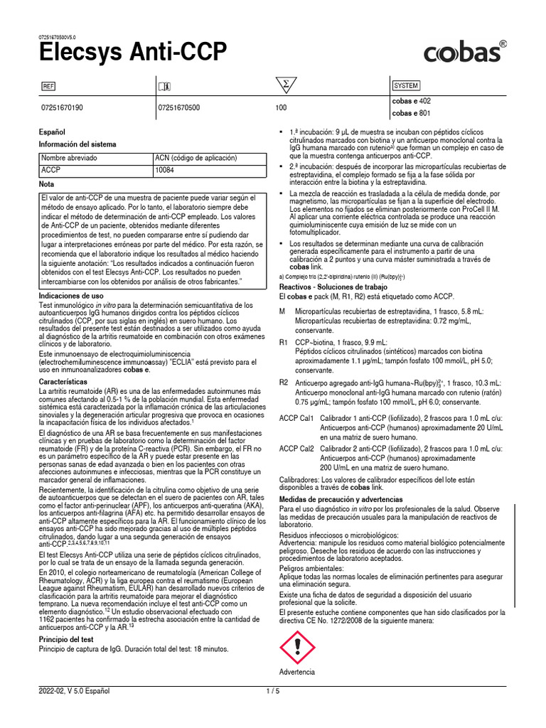 Insert - Elecsys Anti-CCP.07251670500.V5.es | PDF