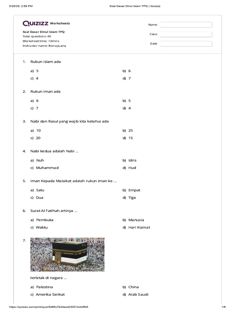 Soal Dasar Dinul Islam TPQ - Quizizz | PDF