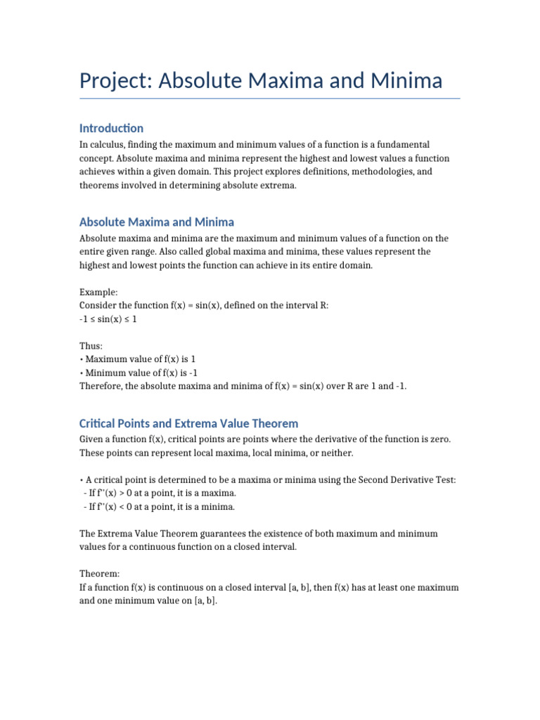 Absolute Maxima Minima Project With Illustrations | PDF | Functions And Mappings | Analysis