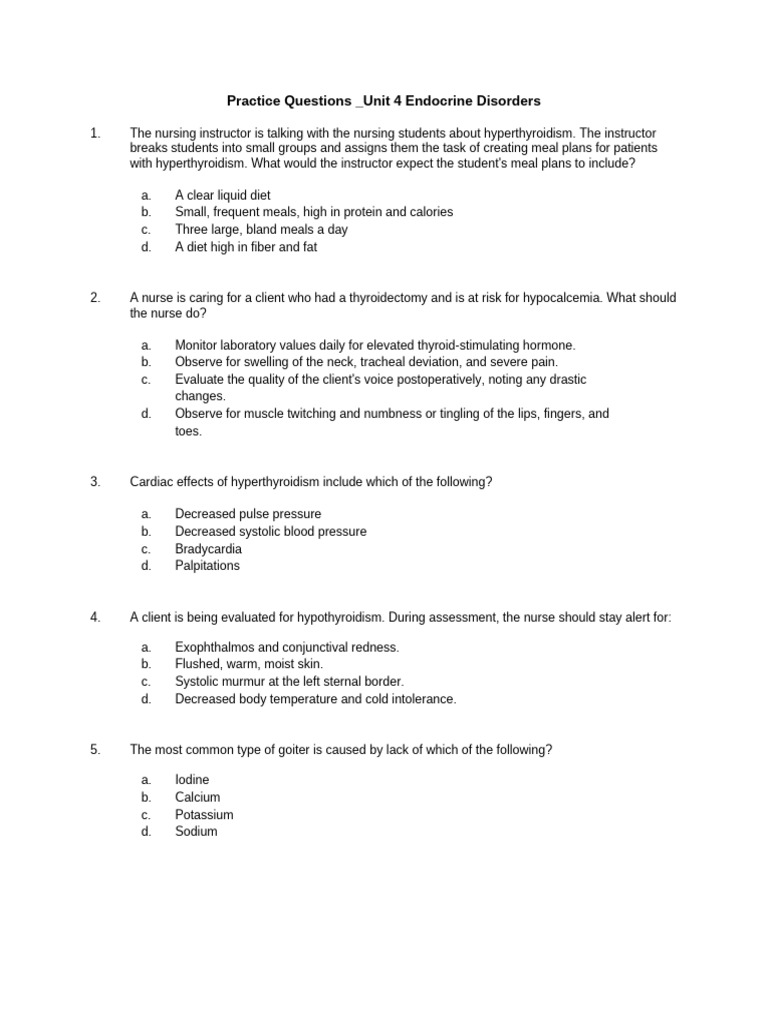 Practice Qs - Unit 4 Endocrine Disorders | PDF | Hyperthyroidism | Hypothyroidism