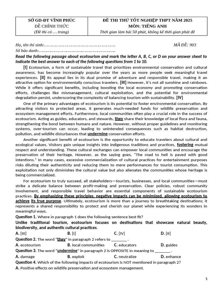 Đề Thi Kscl 2025 - Sở Gd Vĩnh Phúc (Mã Đề 903) | PDF | Conservation Biology | Volunteering
