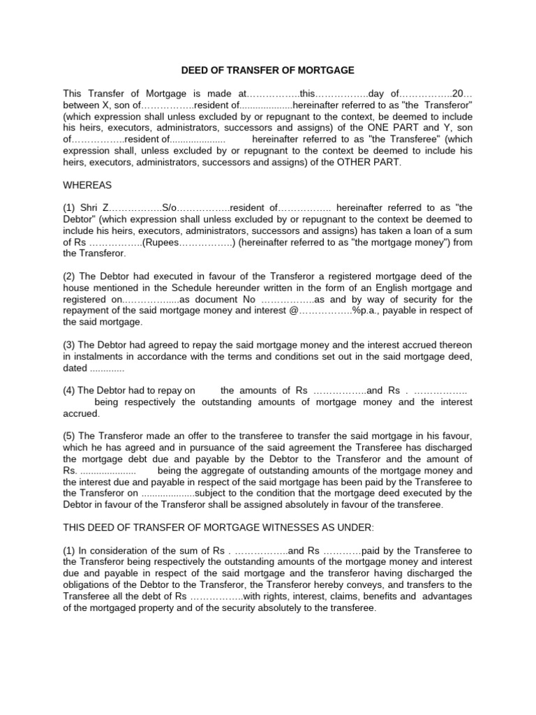 Mortgage Transfer Deed Template | PDF | Mortgage Law | Property Law