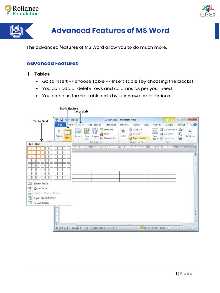 Advanced Features of MS Word | PDF | Microsoft Word | Spreadsheet