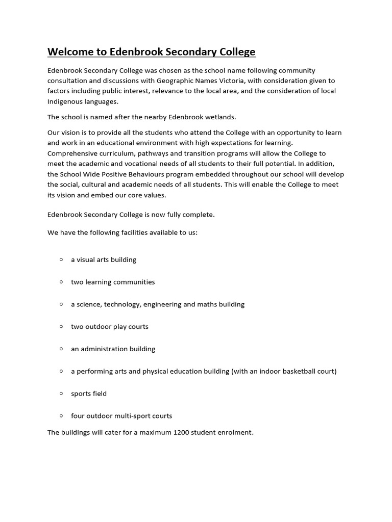 Welcome to Edenbrook Secondary College | PDF