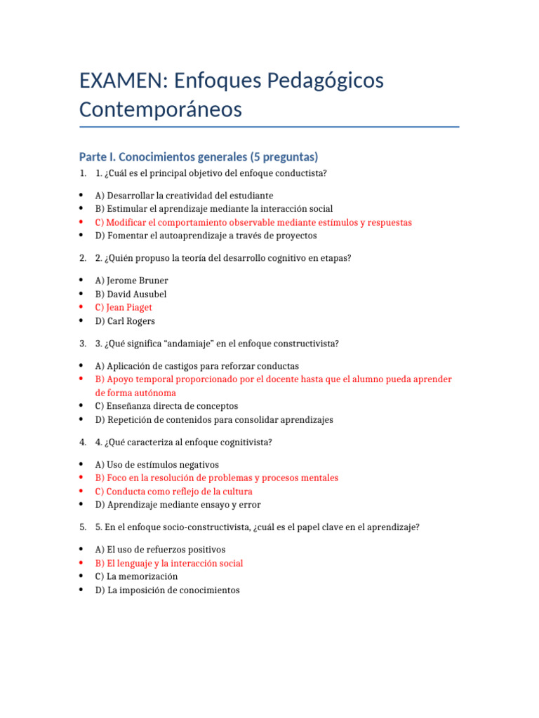 Examen Enfoques Pedagogicos | PDF | Aprendizaje | Enseñando