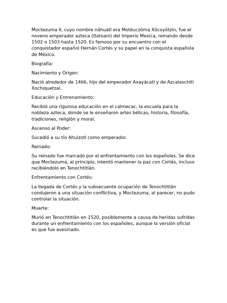 Biografía de Moctezuma II, emperador azteca | PDF