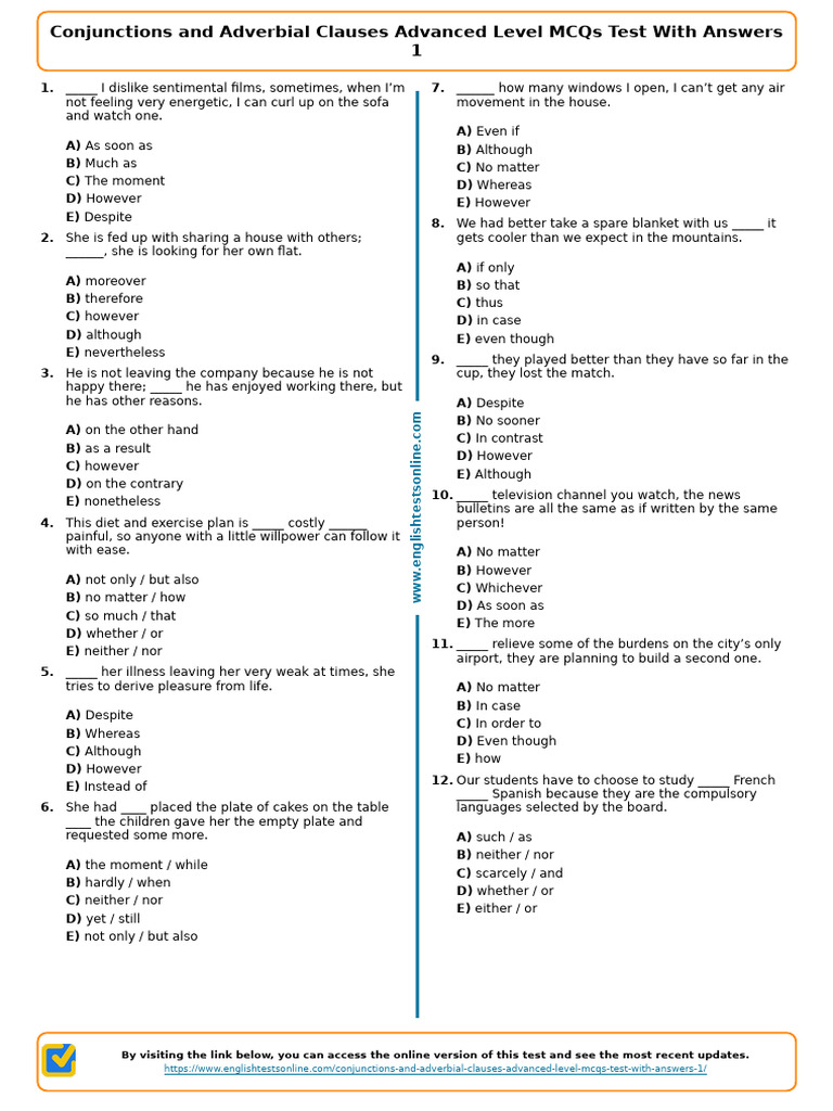 905 Conjunctions and Adverbial Clauses Advanced Level Mcqs Test With ...