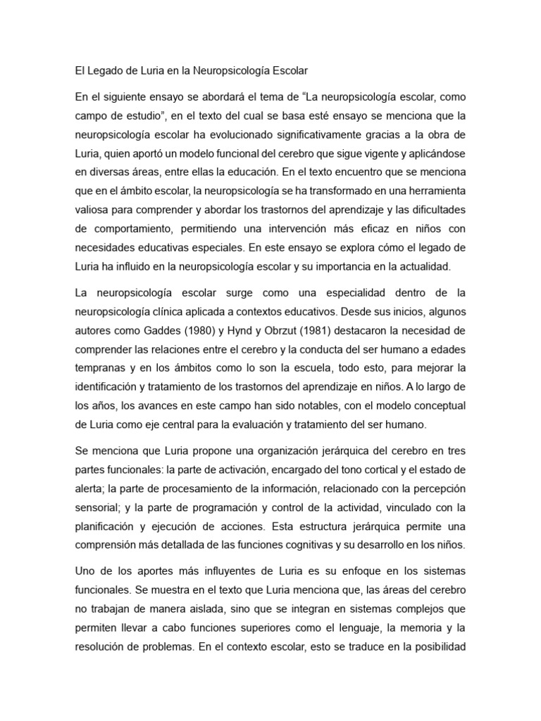 Legado de Luria en Neuropsicología Escolar | PDF | Neuropsicología ...