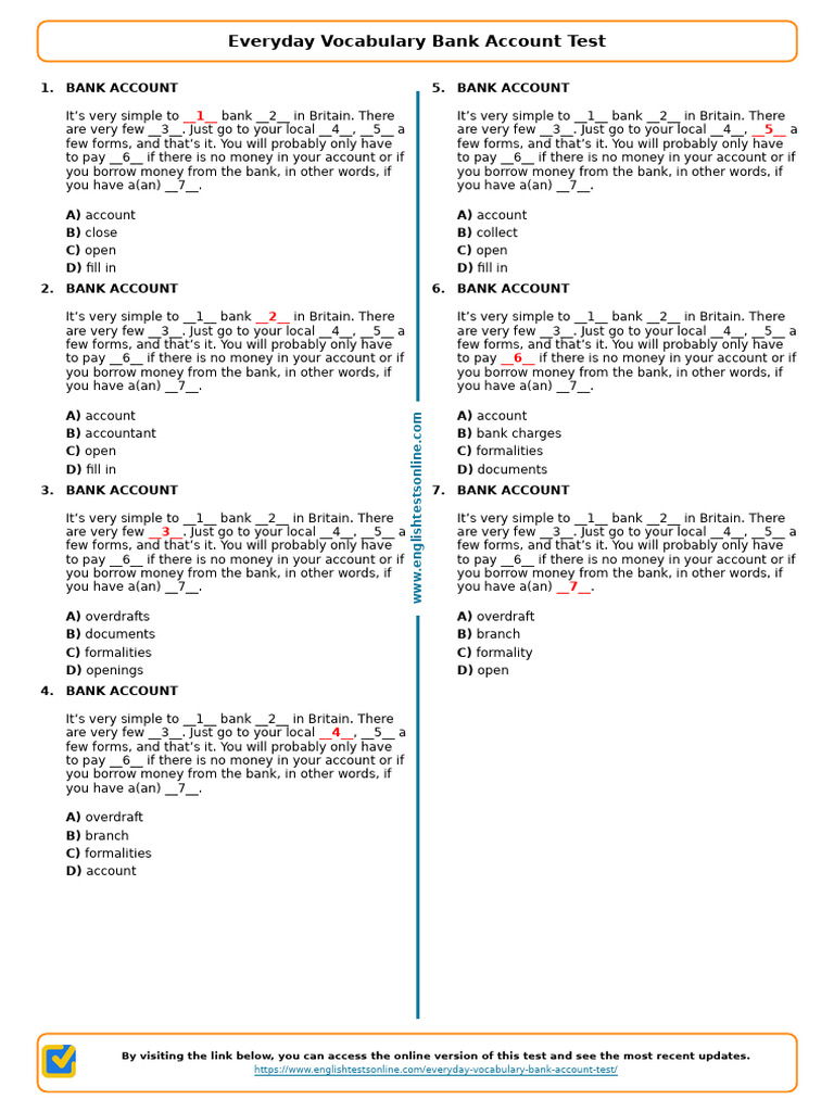 Bank Account Vocabulary Test | PDF | Banking | Financial Services