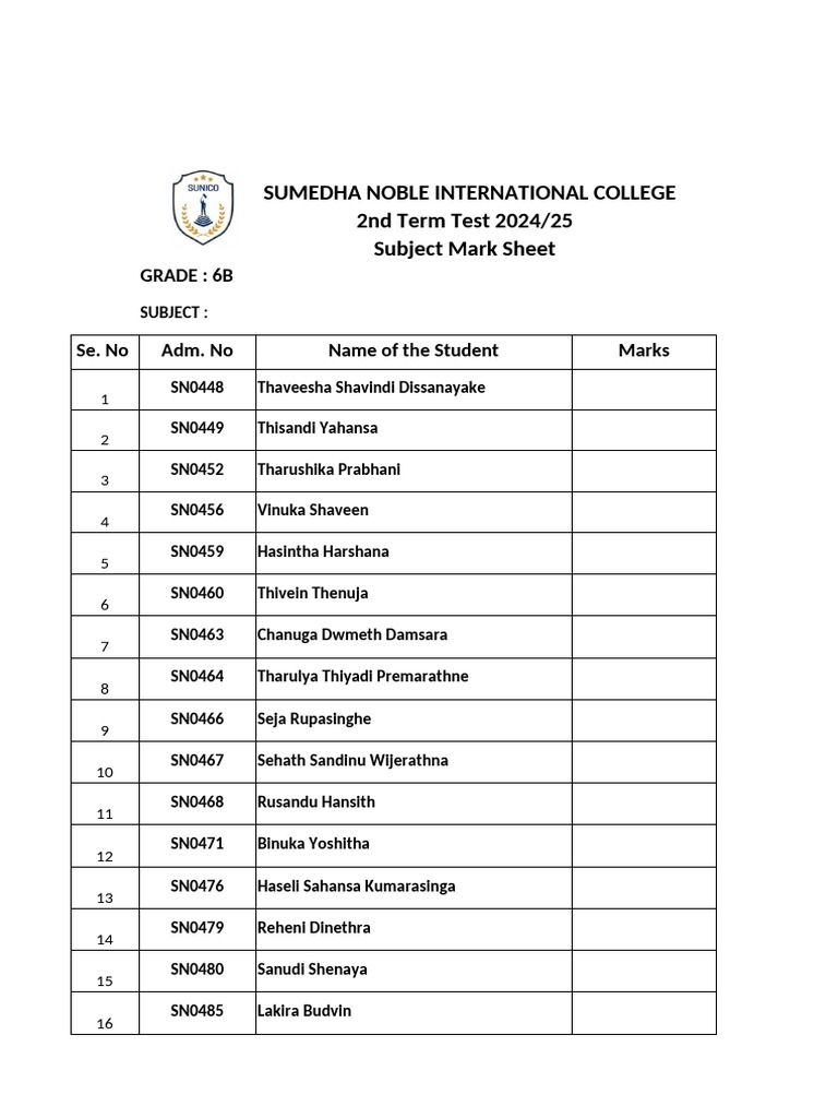 Grade 6 To 9 Subject Mark Sheet Format | PDF