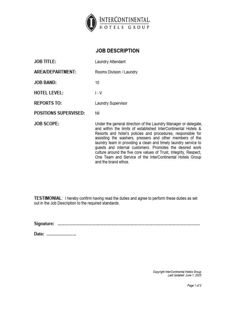 Hotel Laundry Attendant Job Description | PDF | Occupational Safety And ...