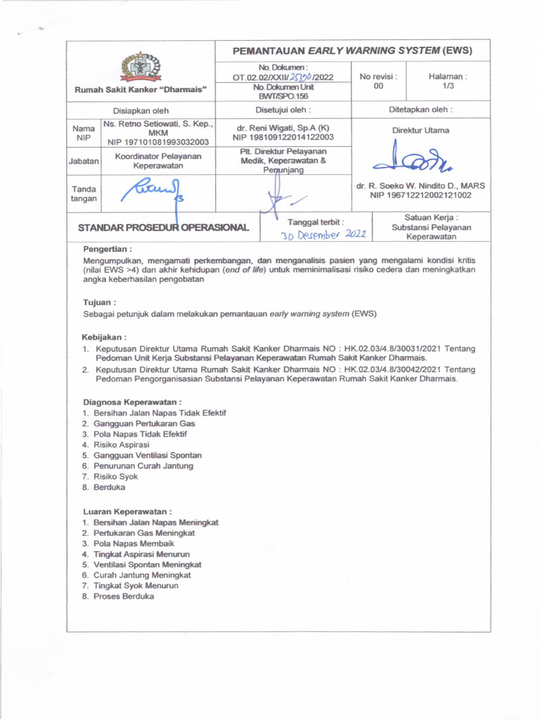 Sop Pemantauan Early Warning System (Ews) | PDF