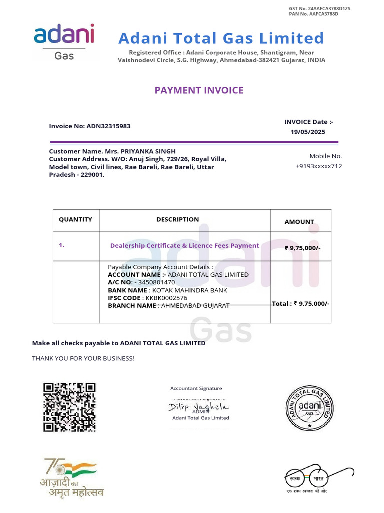 Atgl (Payment Invoice) Mrs. Priyanka Singh | PDF