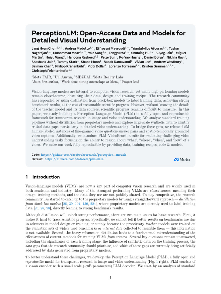 Perceptionlm: Open-Access Data and Models For Detailed Visual Understanding | PDF | Data | Cognition