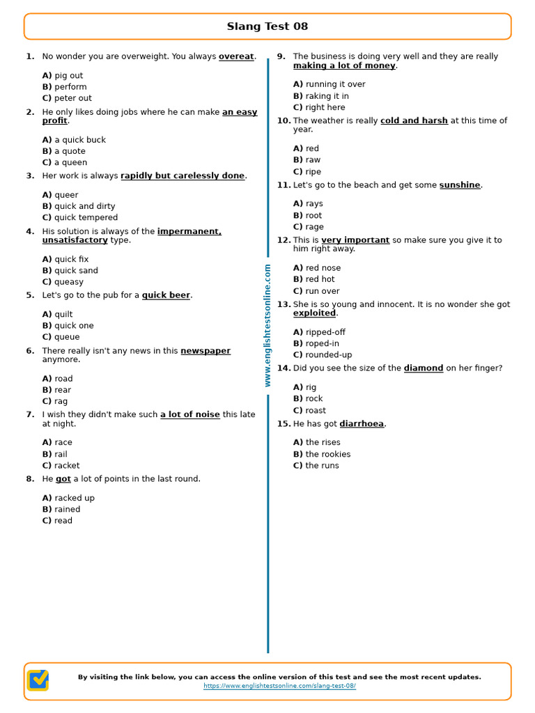 1800 Slang Test 08 | PDF