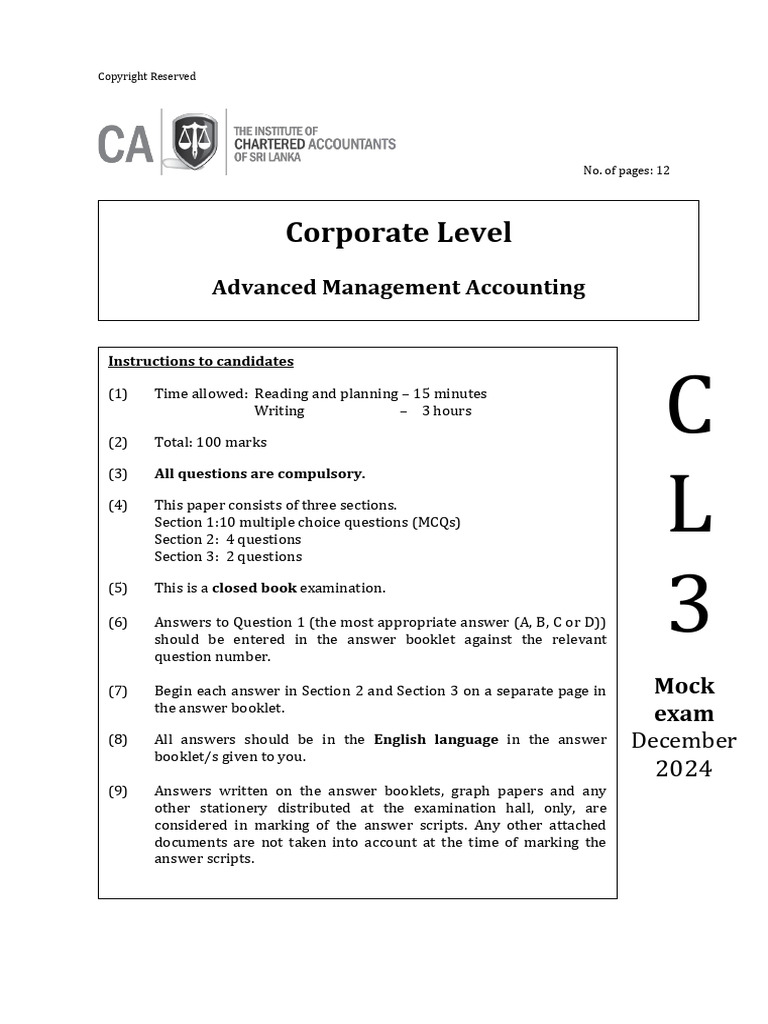 CL 3 Mock Exam Paper - 2024 December | PDF | Knowledge | Cost