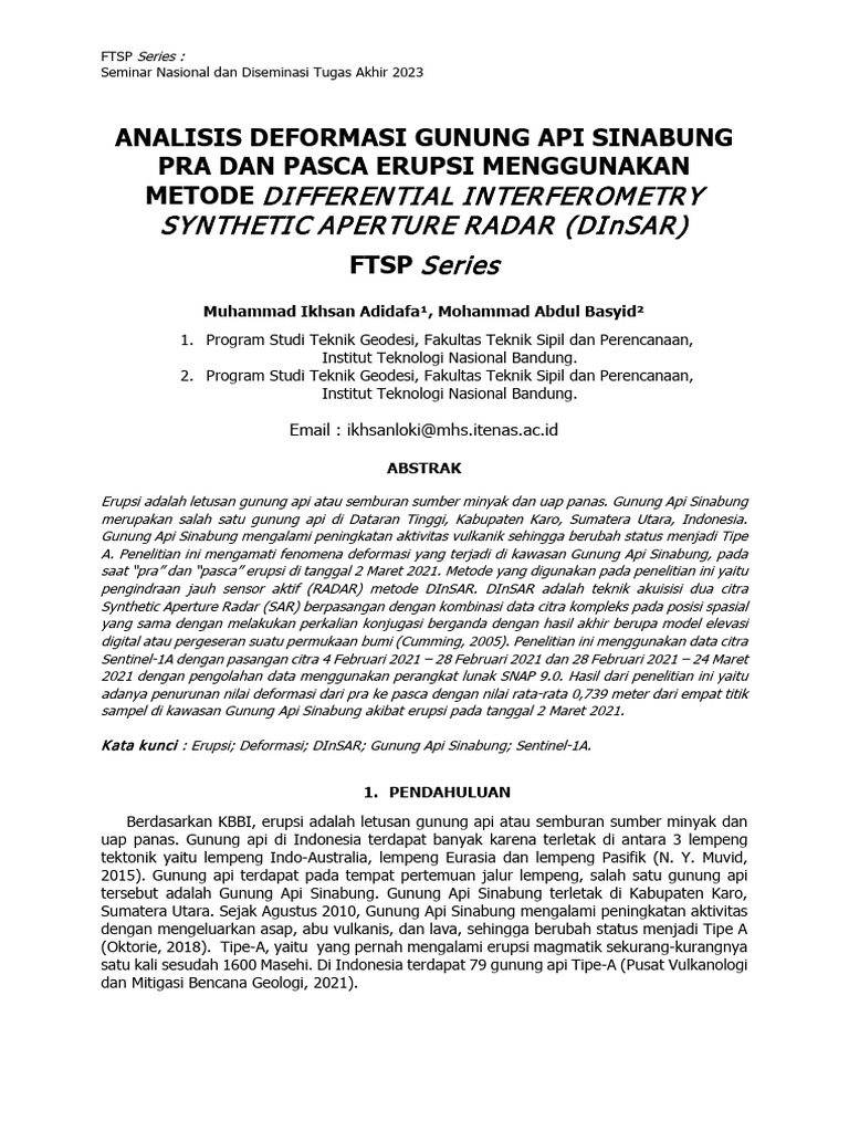 Analisis Deformasi Gunung API Sinabung Pra Dan Pasca Erupsi Menggunakan Metode Differential ...